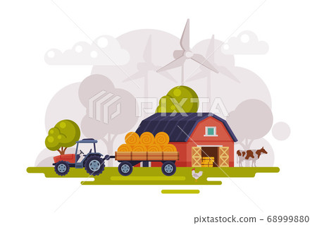 Farm Scene with Red Barn, Wind Turbine and... - Stock Illustration ...