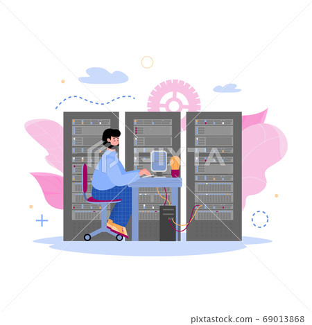 Data center with worker in server, cartoon... - Stock Illustration ...
