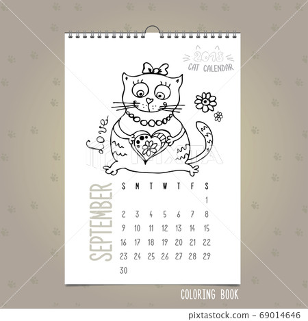 September 2018 Monthly calendar with cute cat, - Stock Illustration ...