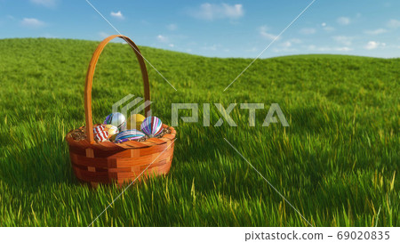 Easter basket with colorful eggs among green grass - Stock Illustration ...