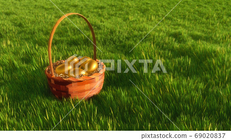 Easter basket with eggs among green grass Close-up - Stock Illustration ...