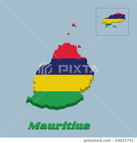3D Map outline and flag of Mauritius, Four... - Stock Illustration ...