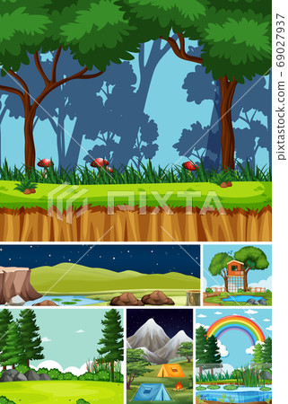 Six different scenes in nature setting cartoon - Stock Illustration ...