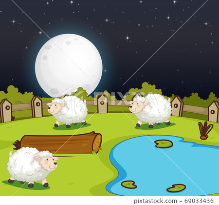 Farm scene with cute sheep at night - Stock Illustration [69033436] - PIXTA
