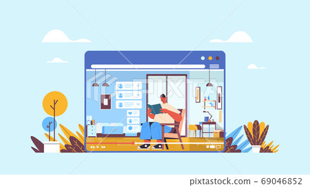 male blogger reading book recording online... - Stock Illustration ...