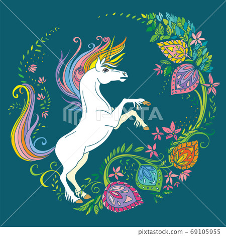 Turquoise colorful tangle unicorn and flowers... - Stock Illustration ...