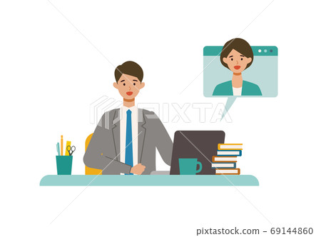 Illustration of a man doing telework at work - Stock Illustration ...