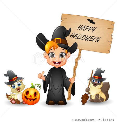 Happy Halloween with little witch holding a... - Stock Illustration ...