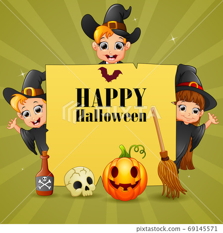 Halloween text design with three of witch on sign - Stock Illustration ...