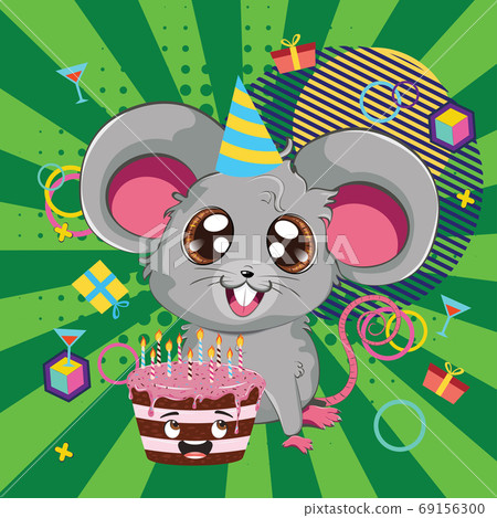 Kawaii grey mouse with cake - Stock Illustration [69156300] - PIXTA