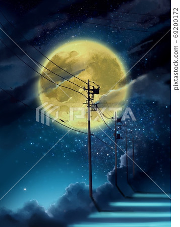 夜空與星空，滿月和電源桿剪影-插圖素材 [69200172] - PIXTA圖庫