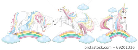 Magic cute unicorn, walking on the rainbow,... - Stock Illustration ...