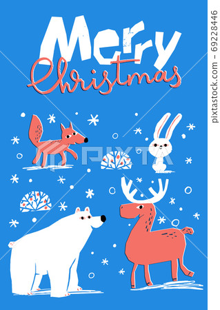 Merry Christmas vector winter poster with cute... - Stock Illustration ...