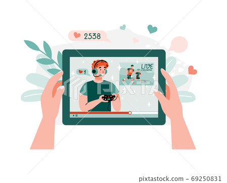 Video tutorial guy streaming videogames, flat... - Stock Illustration ...