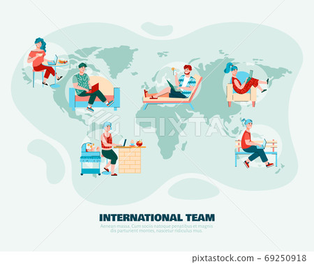 Internatioanal team remote work, flat cartoon... - Stock Illustration ...