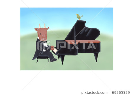 Cow playing the grand piano on the meadow - Stock Illustration ...
