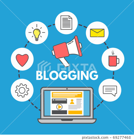Blogging concept on blue background. Laptop and... - Stock Illustration ...