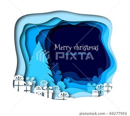 Merry christmas paper cut with tree vector....-插圖素材 [69277950] - PIXTA圖庫