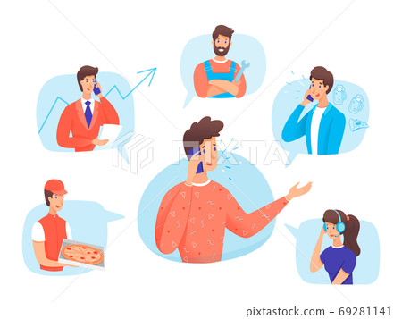 Young man talking phone with different people - Stock Illustration ...