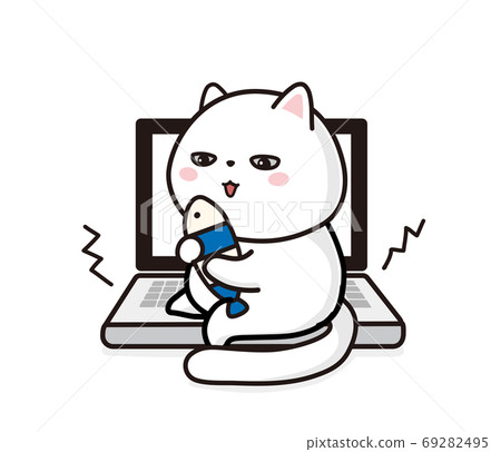 White cat playing on a computer - Stock Illustration [69282495] - PIXTA