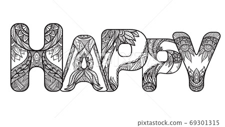 Outline inscription Happy with a boho pattern - Stock Illustration ...