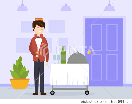Room Service Employee Pushing Delivering Cart... - Stock Illustration ...