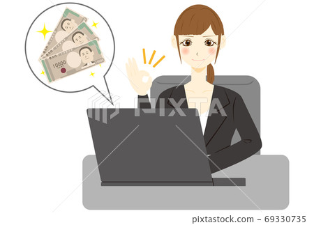 PC female office worker Japanese banknote plus - Stock Illustration ...