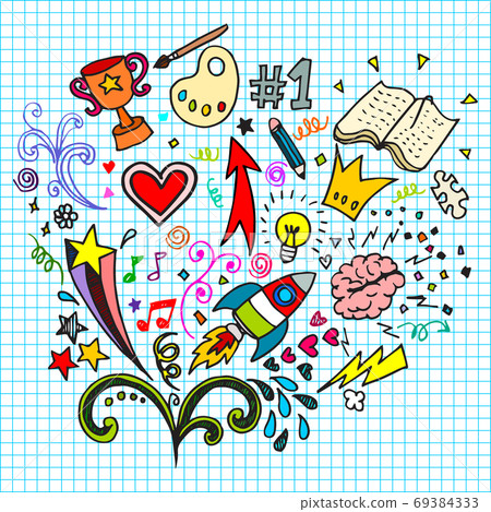 Hand drawn of creative doodle art sets on a... - Stock Illustration ...