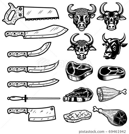 Set of butcher tools, beef, meat icons. Design... - Stock Illustration ...