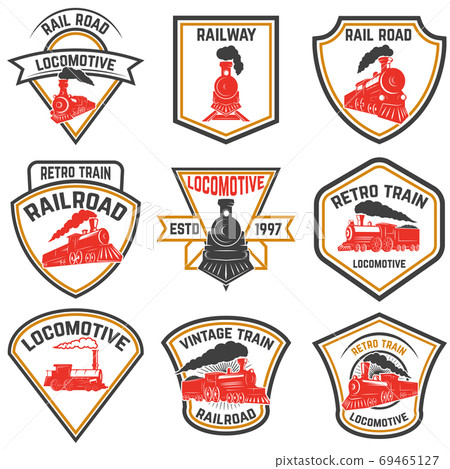 Set of emblems templates with retro train. - Stock Illustration ...