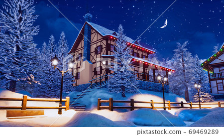 Half-timbered european rural house at winter night-插圖素材 [69469289 ...