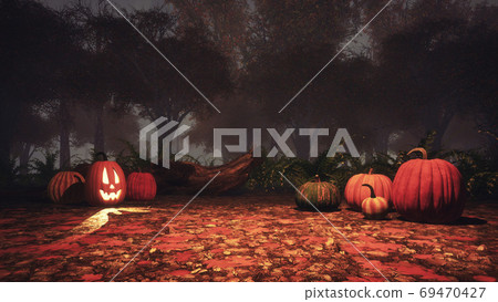 Halloween pumpkins in misty autumn forest at dusk - Stock Illustration ...