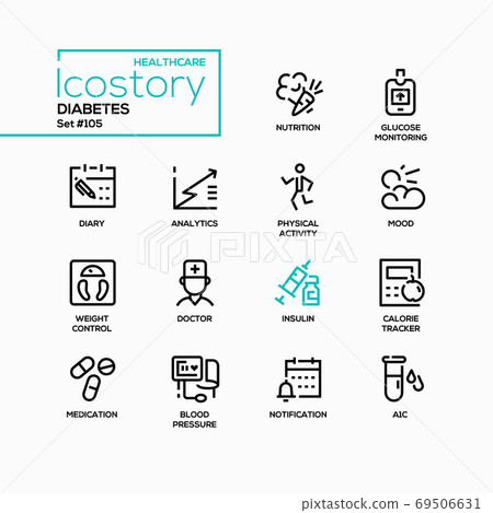 Diabetes - vector line design style icons set - Stock Illustration ...