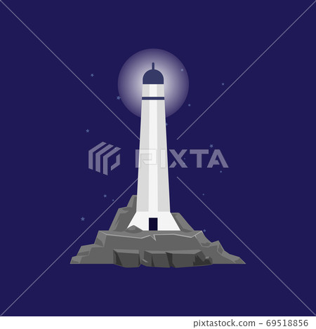 Beacon or lighthouse building on rocks at night... - Stock Illustration ...