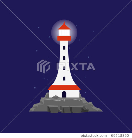 Sea beacon or lighthouse shining at night, flat... - Stock Illustration ...
