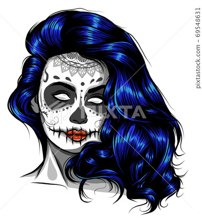 Sad girl with blue hair. Vector illustration on...-插圖素材 [69548631 ...