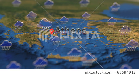 Athens city and rainy weather icon on the map,... - Stock Illustration ...