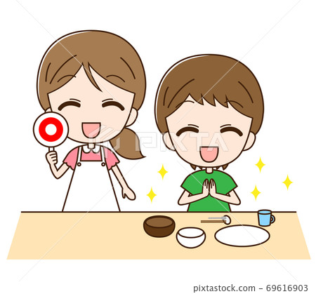 A child who is having a feast and a happy mother - Stock Illustration ...