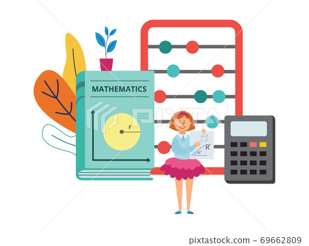 Mathematics poster with little girl, math book... - Stock Illustration ...