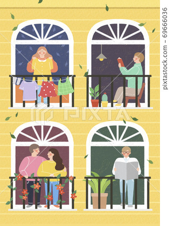Human life concept, windows with neighbors in... - Stock Illustration ...