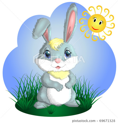 Cute cartoon bunny on a glade. Spring, postcard - Stock Illustration ...