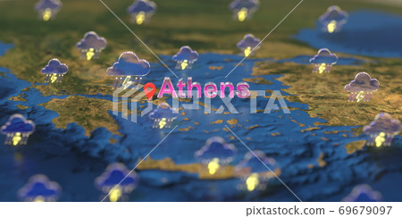Athens city and stormy weather icon on the map,... - Stock Illustration ...
