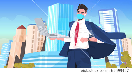 businessman in mask using laptop labor day... - Stock Illustration ...