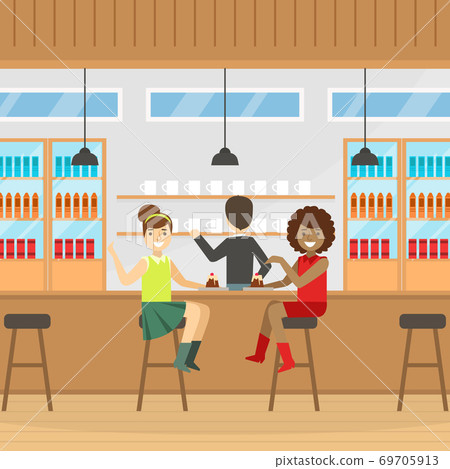 Two Smiling Woman Sitting at Bar Counter,... - Stock Illustration ...