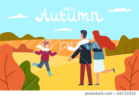 Hello autumn. Happy family in autumn park young... - Stock Illustration ...