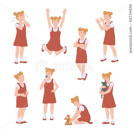 Teen girl various emotions and behavior set,... - Stock Illustration ...