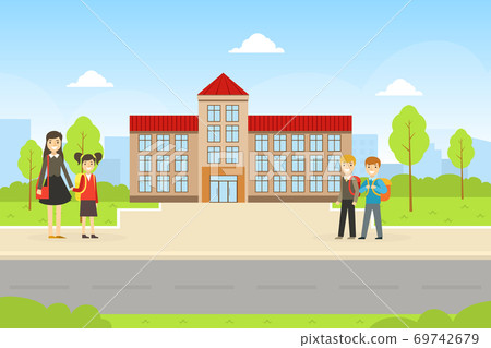 School Building and Front Yard with Cheerful... - Stock Illustration ...