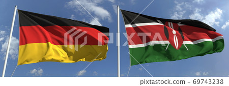 Flags of Germany and Kenia on flagpoles. 3d... - Stock Illustration ...