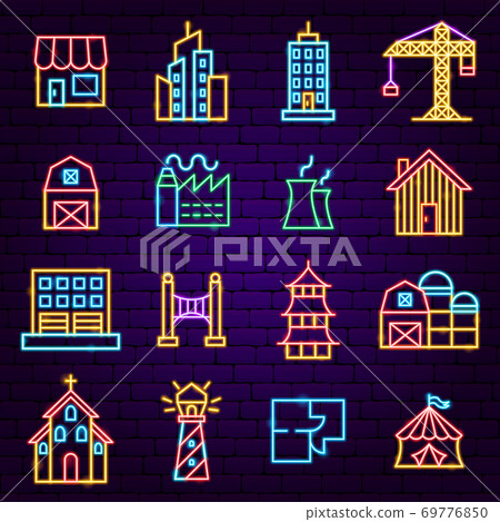 Building City Neon Icons - Stock Illustration [69776850] - PIXTA