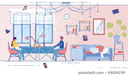 Banner Married Couple Working at Home, Cartoon. - Stock Illustration ...